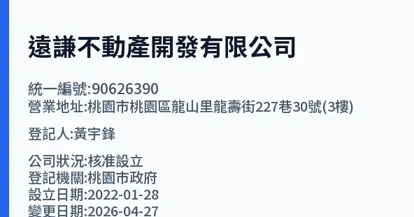 遠謙不動產開發有限公司的照片-統編 90626390(桃園市) 公司登記資料與營業項目詳細圖表