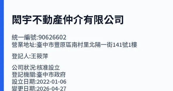 閎宇不動產仲介有限公司的照片-統編 90626602(臺中市) 公司登記資料與營業項目詳細圖表