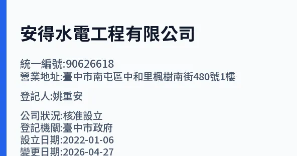 安得水電工程有限公司的照片-統編 90626618(臺中市) 公司登記資料與營業項目詳細圖表