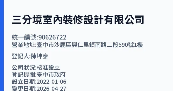 三分境室內裝修設計有限公司的照片-統編 90626722(臺中市) 公司登記資料與營業項目詳細圖表