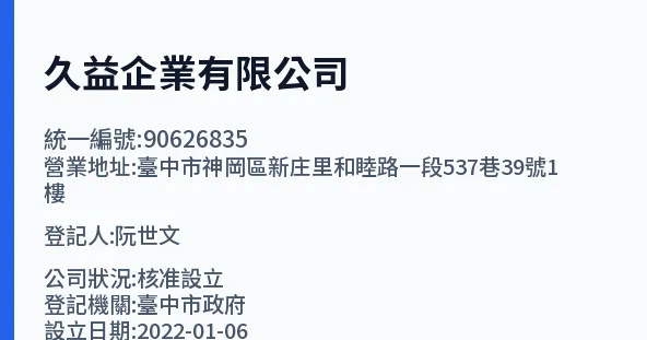 久益企業有限公司的照片-統編 90626835(臺中市) 公司登記資料與營業項目詳細圖表