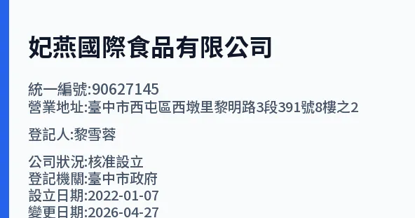 妃燕國際食品有限公司的照片-統編 90627145(臺中市) 公司登記資料與營業項目詳細圖表