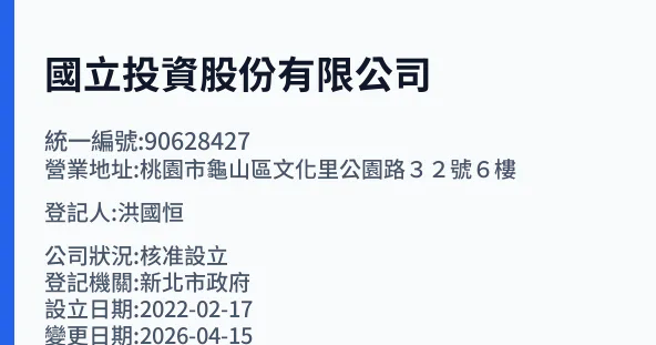 國立投資股份有限公司的照片-統編 90628427(新北市) 公司登記資料與營業項目詳細圖表