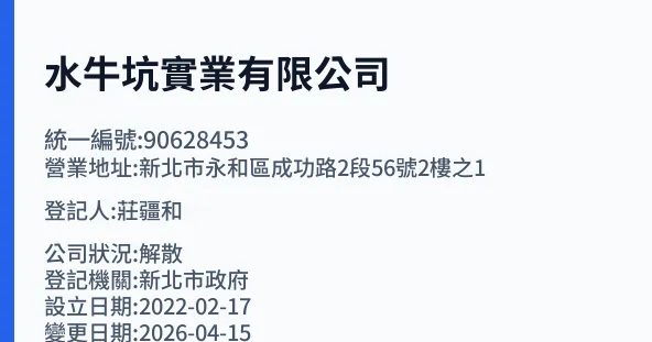 水牛坑實業有限公司的照片-統編 90628453(新北市) 公司登記資料與營業項目詳細圖表