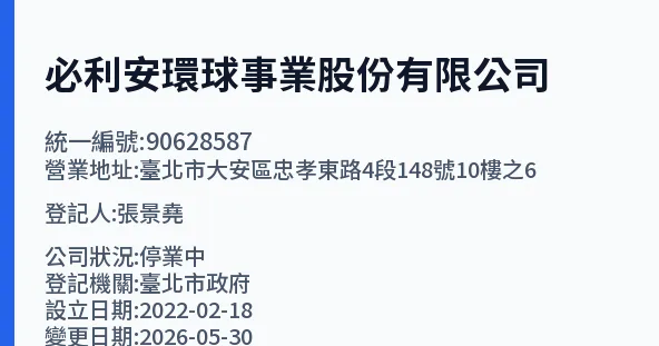 必利安環球事業股份有限公司的照片-統編 90628587(臺北市) 公司登記資料與營業項目詳細圖表
