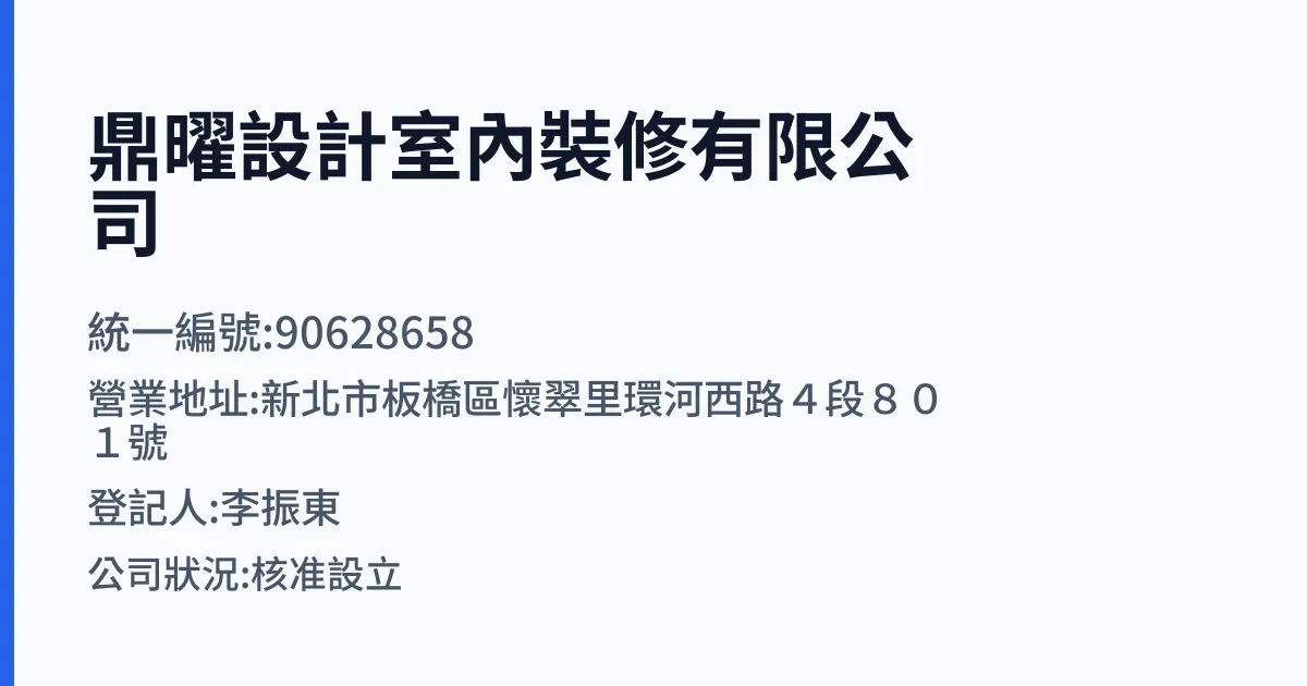 鼎曜設計室內裝修有限公司 - 統編 90628658(新北市) 公司登記資料與營業項目詳細圖表