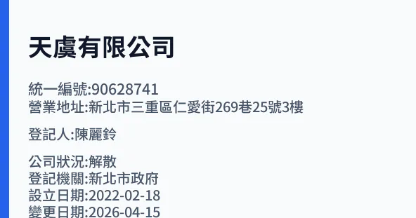 天虞有限公司的照片-統編 90628741(新北市) 公司登記資料與營業項目詳細圖表