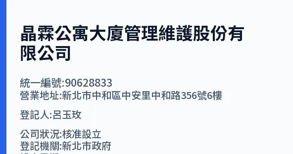 晶霖公寓大廈管理維護股份有限公司的照片-統編 90628833(新北市) 公司登記資料與營業項目詳細圖表