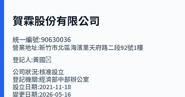 賀霖股份有限公司的照片-統編 90630036(新竹市) 公司登記資料與營業項目詳細圖表