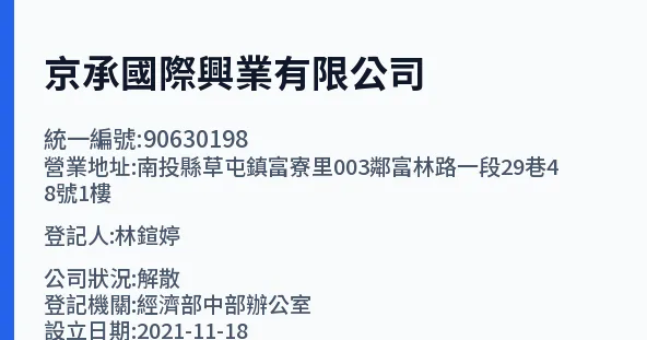 京承國際興業有限公司的照片-統編 90630198(南投縣) 公司登記資料與營業項目詳細圖表