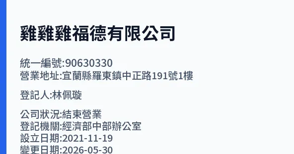 雞雞雞福德有限公司的照片-統編 90630330(宜蘭縣) 公司登記資料與營業項目詳細圖表