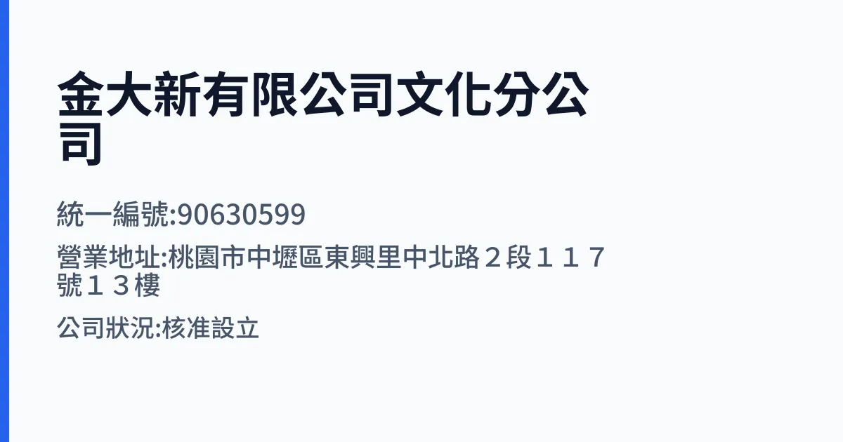 金大新有限公司文化分公司 - 統編 90630599（桃園市） 公司登記資料與營業項目詳細圖表