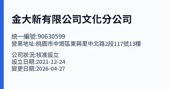金大新有限公司文化分公司的照片-統編 90630599(桃園市) 公司登記資料與營業項目詳細圖表