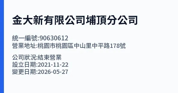 金大新有限公司埔頂分公司的照片-統編 90630612(桃園市) 公司登記資料與營業項目詳細圖表
