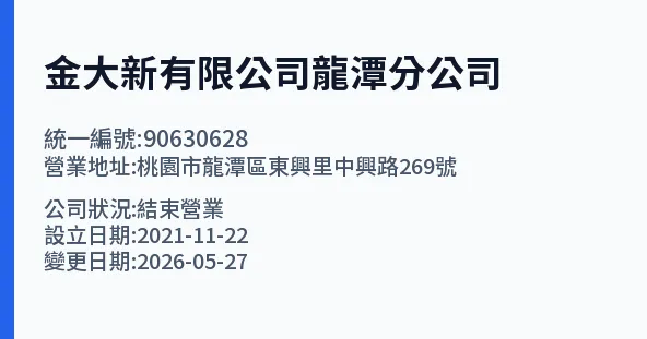 金大新有限公司龍潭分公司的照片-統編 90630628(桃園市) 公司登記資料與營業項目詳細圖表