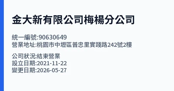 金大新有限公司梅楊分公司的照片-統編 90630649(桃園市) 公司登記資料與營業項目詳細圖表