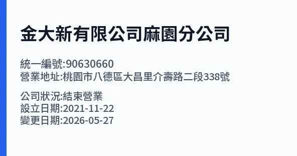 金大新有限公司麻園分公司的照片-統編 90630660(桃園市) 公司登記資料與營業項目詳細圖表