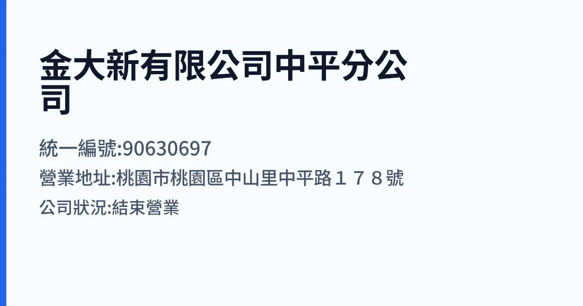 金大新有限公司中平分公司 - 統編 90630697（桃園市） 公司登記資料與營業項目詳細圖表