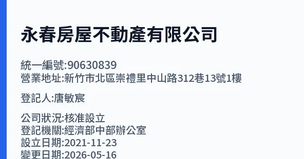 永春房屋不動產有限公司的照片-統編 90630839(新竹市) 公司登記資料與營業項目詳細圖表