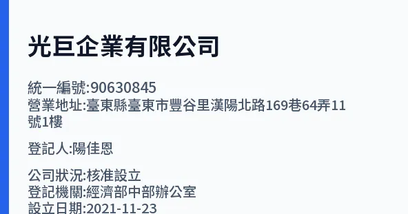 光巨企業有限公司的照片-統編 90630845(臺東縣) 公司登記資料與營業項目詳細圖表