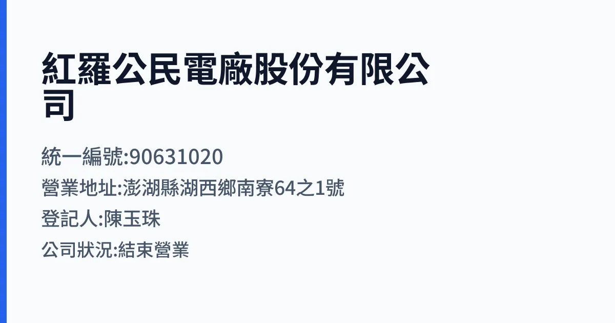 紅羅公民電廠股份有限公司 - 統編 90631020(澎湖縣) 公司登記資料與營業項目詳細圖表