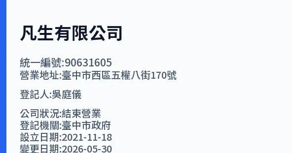 凡生有限公司的照片-統編 90631605(臺中市) 公司登記資料與營業項目詳細圖表