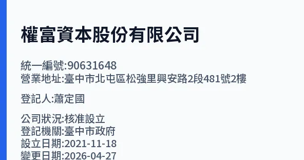 權富資本股份有限公司的照片-統編 90631648(臺中市) 公司登記資料與營業項目詳細圖表