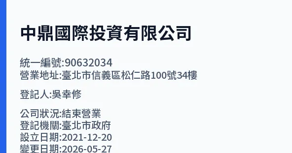 中鼎國際投資有限公司的照片-統編 90632034(臺北市) 公司登記資料與營業項目詳細圖表