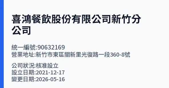 喜鴻餐飲股份有限公司新竹分公司的照片-統編 90632169(新竹市) 公司登記資料與營業項目詳細圖表