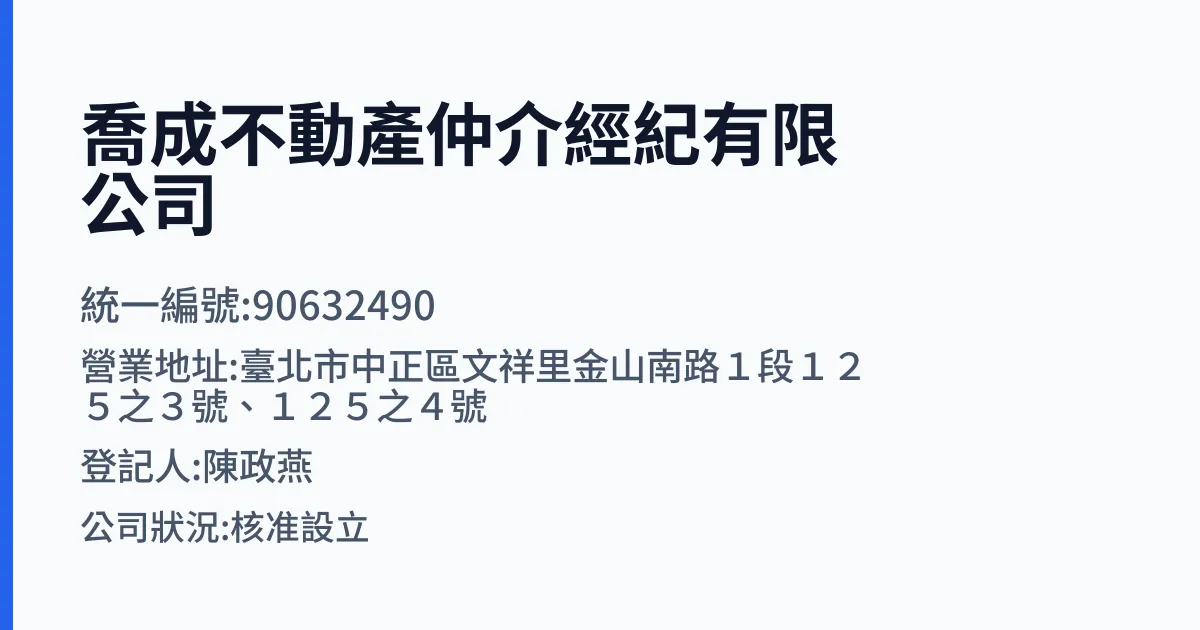 喬成不動產仲介經紀有限公司 - 統編 90632490(臺北市) 公司登記資料與營業項目詳細圖表
