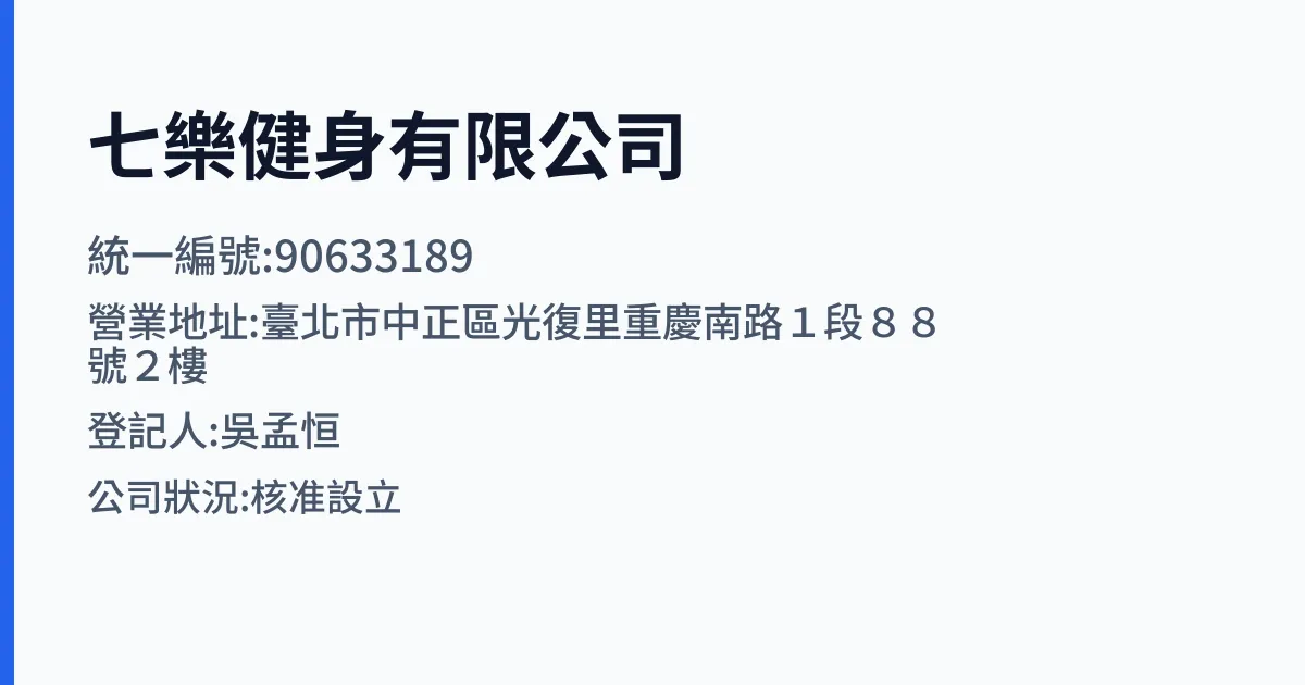 七樂健身有限公司 - 統編 90633189(臺北市) 公司登記資料與營業項目詳細圖表