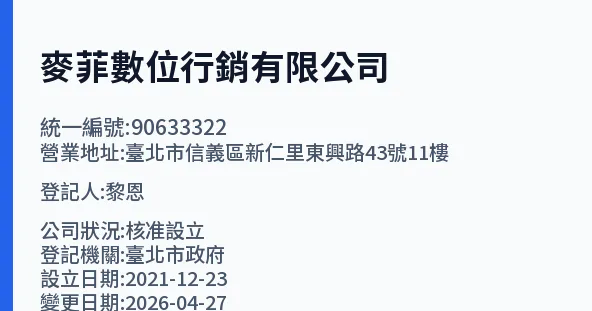 麥菲數位行銷有限公司的照片-統編 90633322(臺北市) 公司登記資料與營業項目詳細圖表