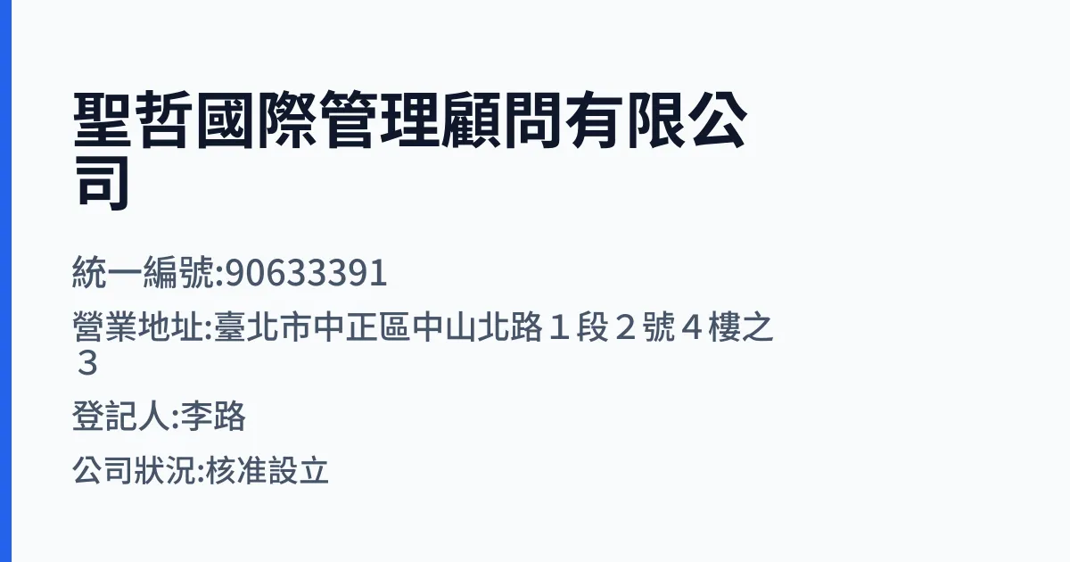 聖哲國際管理顧問有限公司 - 統編 90633391(臺北市) 公司登記資料與營業項目詳細圖表