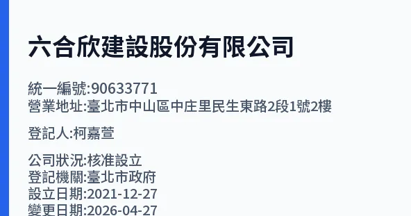 六合欣建設股份有限公司的照片-統編 90633771(臺北市) 公司登記資料與營業項目詳細圖表