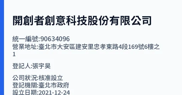 開創者創意科技股份有限公司的照片-統編 90634096(臺北市) 公司登記資料與營業項目詳細圖表