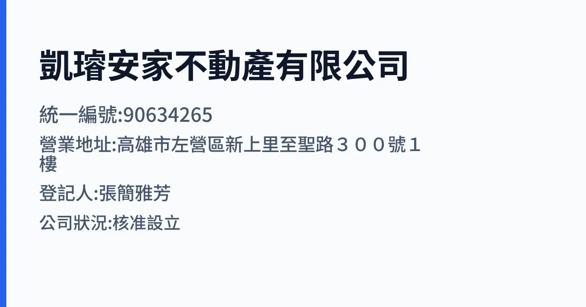 凱璿安家不動產有限公司 - 統編 90634265(高雄市) 公司登記資料與營業項目詳細圖表