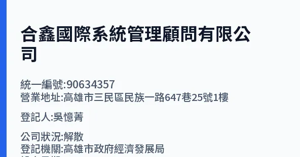 合鑫國際系統管理顧問有限公司的照片-統編 90634357(高雄市) 公司登記資料與營業項目詳細圖表