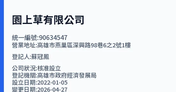 園上草有限公司的照片-統編 90634547(高雄市) 公司登記資料與營業項目詳細圖表