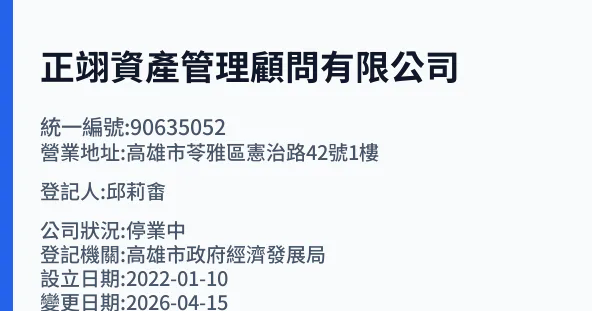 正翊資產管理顧問有限公司的照片-統編 90635052(高雄市) 公司登記資料與營業項目詳細圖表