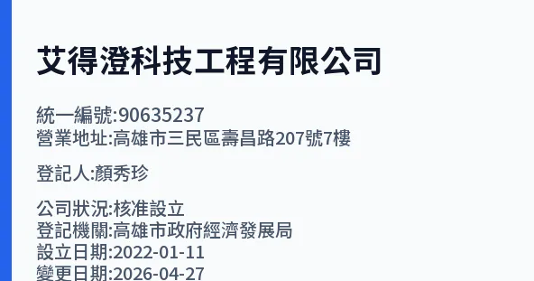 艾得澄科技工程有限公司的照片-統編 90635237(高雄市) 公司登記資料與營業項目詳細圖表