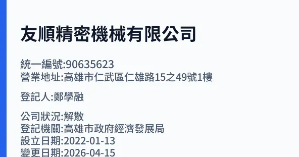 友順精密機械有限公司的照片-統編 90635623(高雄市) 公司登記資料與營業項目詳細圖表