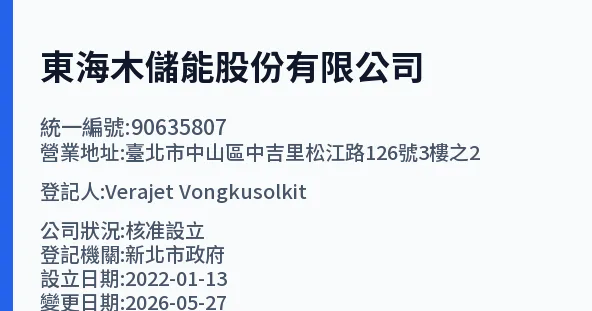 東海木儲能股份有限公司的照片-統編 90635807(臺北市) 公司登記資料與營業項目詳細圖表