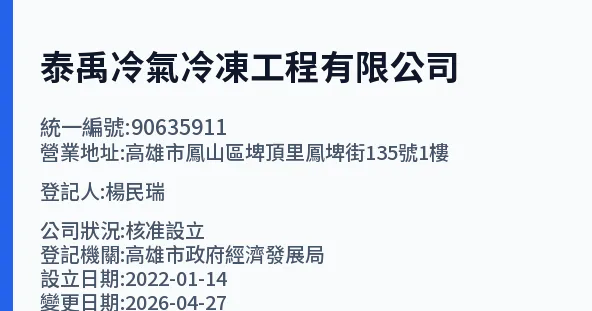 泰禹冷氣冷凍工程有限公司的照片-統編 90635911(高雄市) 公司登記資料與營業項目詳細圖表