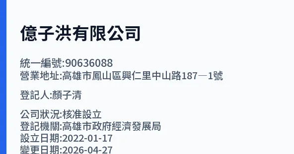 億子洪有限公司的照片-統編 90636088(高雄市) 公司登記資料與營業項目詳細圖表