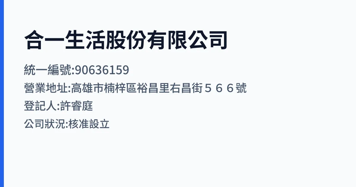 合一生活股份有限公司 - 統編 90636159(高雄市) 公司登記資料與營業項目詳細圖表