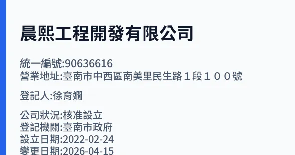 晨熙工程開發有限公司的照片-統編 90636616(臺南市) 公司登記資料與營業項目詳細圖表