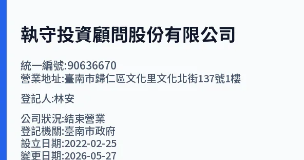 執守投資顧問股份有限公司的照片-統編 90636670(臺南市) 公司登記資料與營業項目詳細圖表