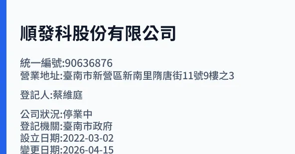 順發科股份有限公司的照片-統編 90636876(臺南市) 公司登記資料與營業項目詳細圖表