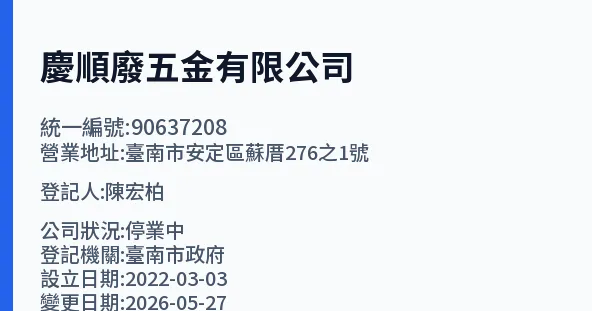 慶順廢五金有限公司的照片-統編 90637208(臺南市) 公司登記資料與營業項目詳細圖表