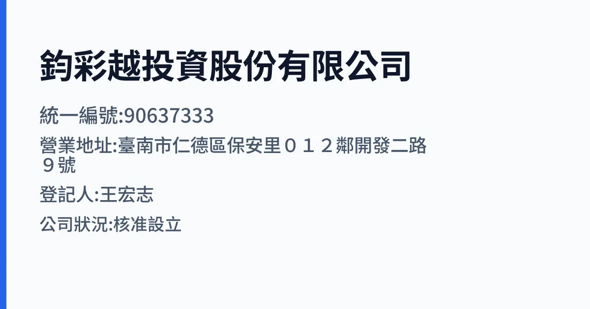 鈞彩越投資股份有限公司 - 統編 90637333(臺南市) 公司登記資料與營業項目詳細圖表